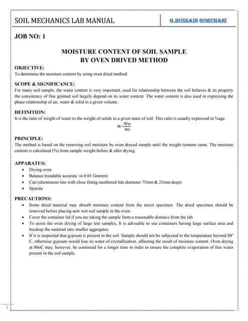 Ex 1 water content by oven dry method | DOCX | Chemistry | Science