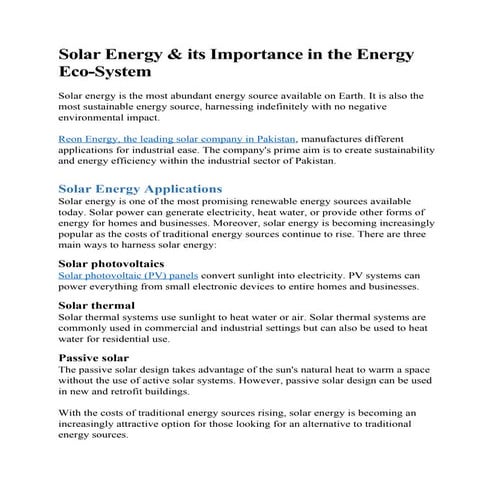 Solar Energy & its Importance in the Energy Eco-System | PDF