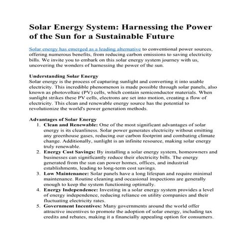 Solar Energy System Harnessing the Power of the Sun for a Sustainable ...