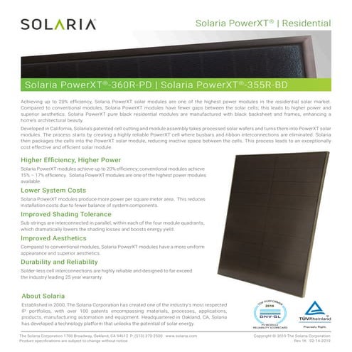 Solaria 360W Spec Sheet | PDF