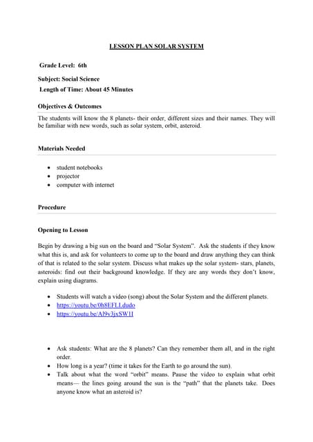 THE GRADE- 6 COT- SOLAR SYSTEM LESSON PLAN | DOCX