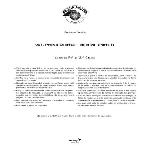 Prova Soldado pm 2a classe 2012 com gabarito | PDF