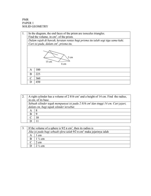 Area & perimeter pmr paper 1 | DOC