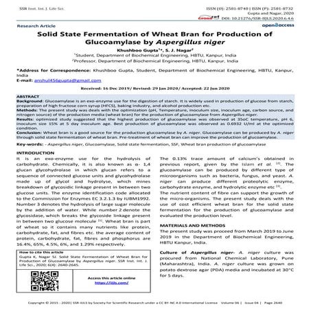 Solid State Fermentation Wheat Bran Production Glucoamylase Aspergillus Niger Pdf