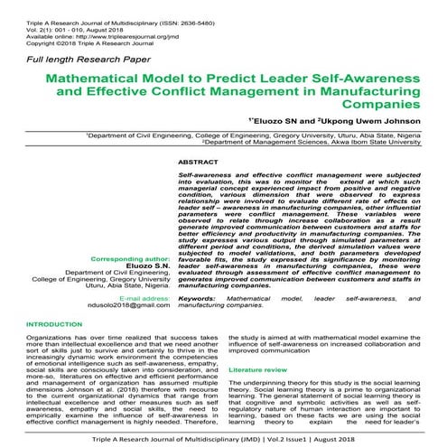 Mathematical Model To Predict Leader Self Awareness And Effective