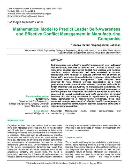 Mathematical Model To Predict Leader Self Awareness And Effective