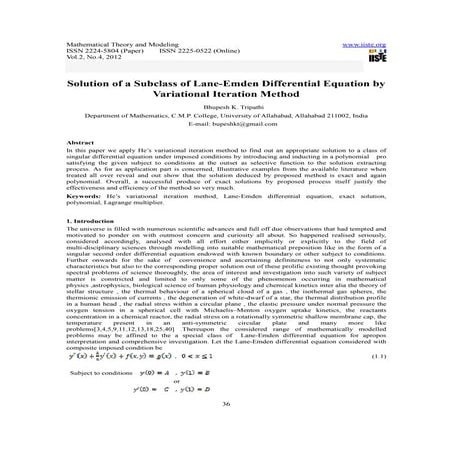 Solution Of A Subclass Of Lane Emden Differential Equation By