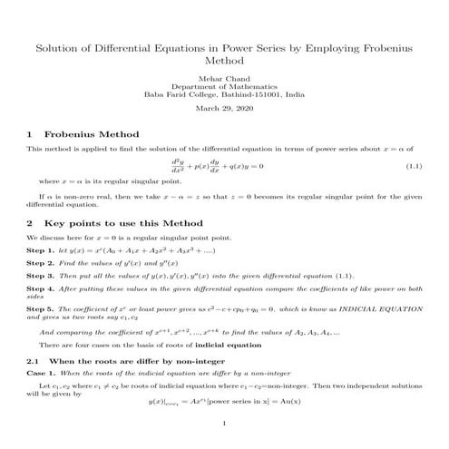 Solution of Differential Equations in Power Series by Employing Frobenius Method | PDF