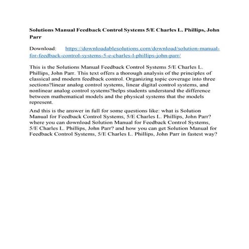 Solutions Manual Feedback Control Systems 5/E Charles L. Phillips, John ...