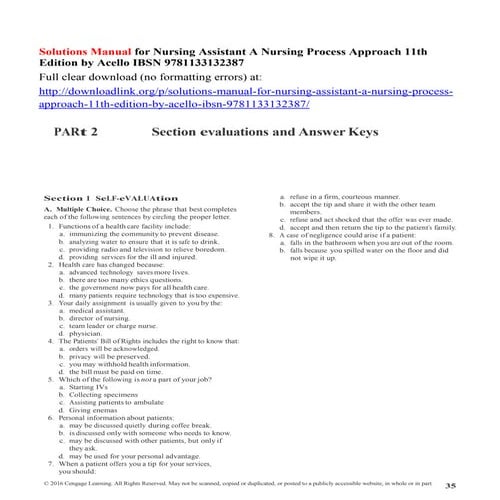 Solutions manual for nursing assistant a nursing process approach 11th ...