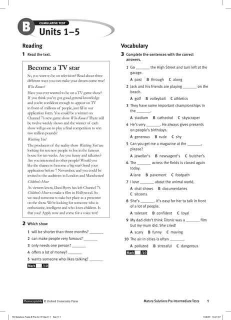 Solutions pre intermediate short tests | PDF | Educational Assessment ...