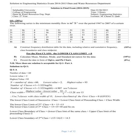 Solution to final exam engineering statistics 2014 2015 | PDF