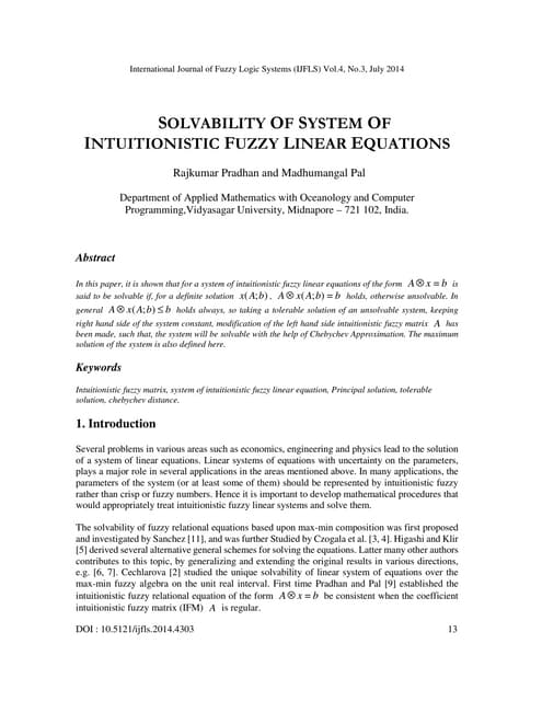 Solvability Of System Of Intuitionistic Fuzzy Linear Equations Pdf
