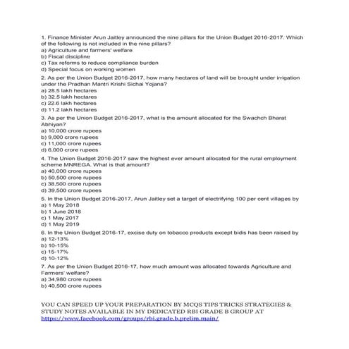 Solved mcq on union budget 2016 17 | PDF