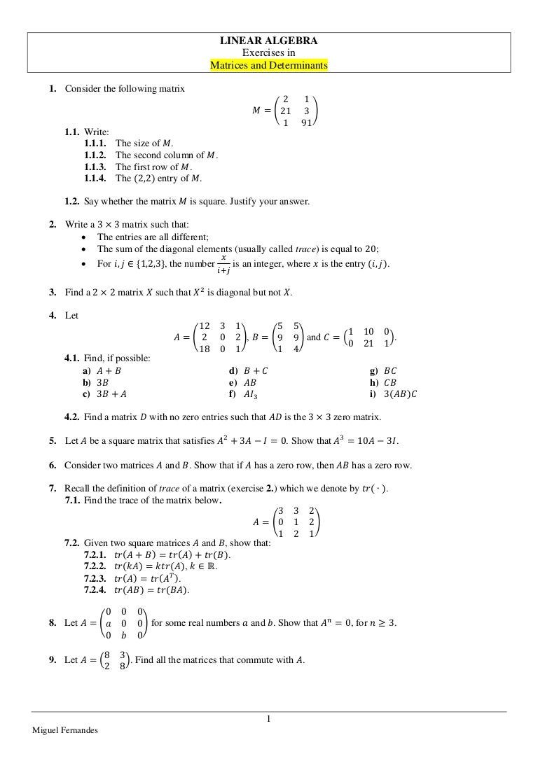 Exercises in Linear Algebra - Matrices and determinants
