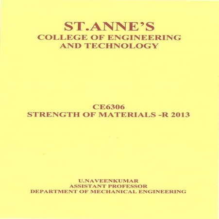 SOM STRENGTH OF MATERIALS LECTURE NOTES | PDF