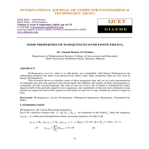 Some properties of m sequences over finite field fp | PDF