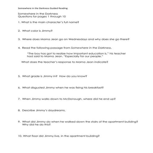 Somewhere in the darkness guided reading questions | DOCX