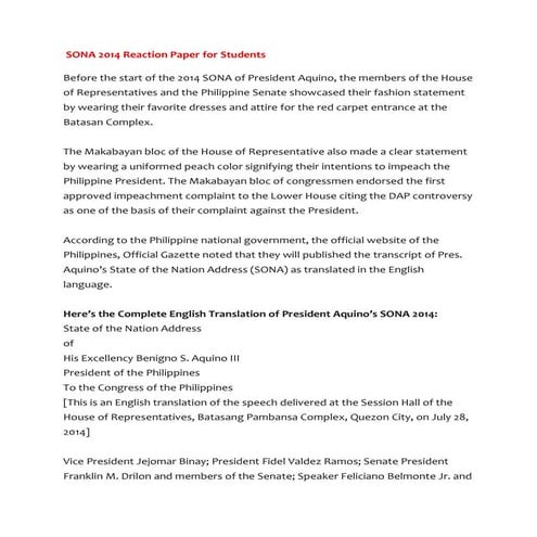 Sona 2014 reaction paper for students | DOCX