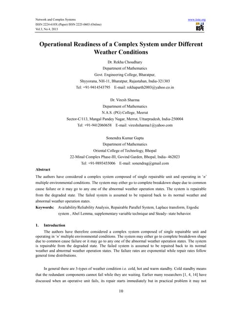 Sonendra Kumar Gupta Operational Readiness Of A Complex System Under Different Weather