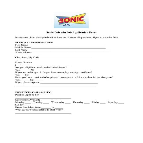 Sonic Drive-In Employment | PDF