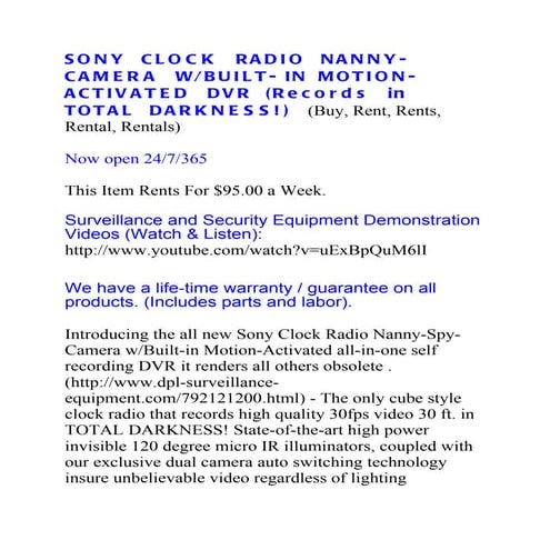 Sony Clock Radio Nanny Spy-Camera W/Built-in Motion-Activated DVR | RTF