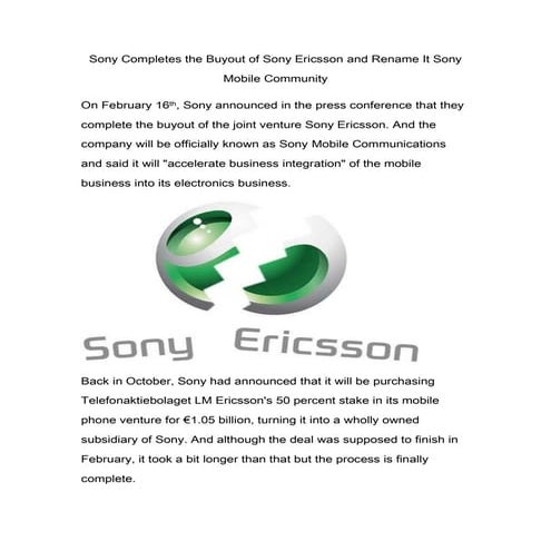Sony Completes the Buyout of Sony Ericsson and Rename It Sony Mobile ...