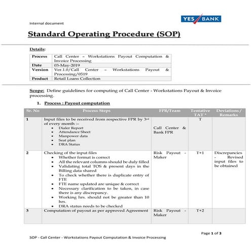 Sop call center payout computation invoice processing version 1.0 | PDF
