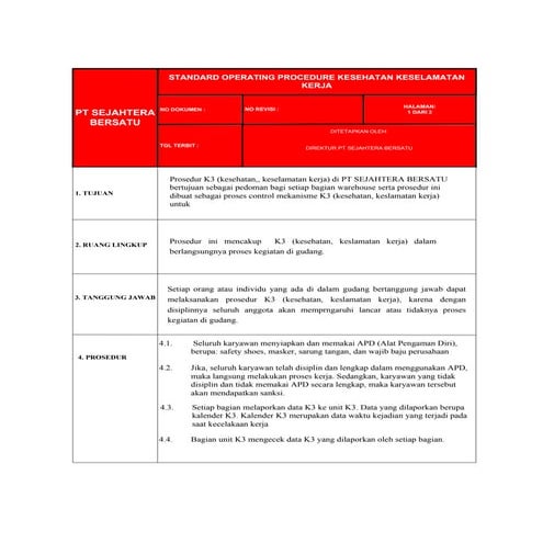 Sop k3 pt sejahtera bersatu | PDF
