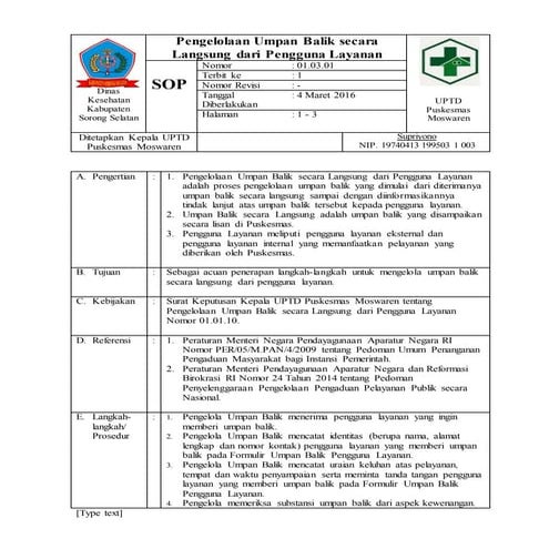 Sop pengelolaan umpan balik secara langsung dari pengguna layanan | PDF