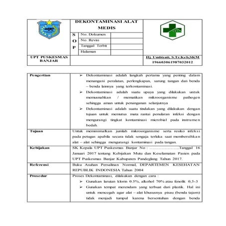 Sop pkm b dekontaminasi alat medis | DOCX