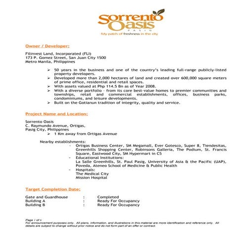 SORRENTO OASIS in Pasig By Filinvest | DOC