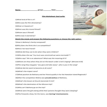 Soul surfer worksheet gaps | PDF