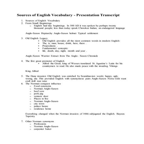Sources of english vocabulary presentation transcript | DOCX