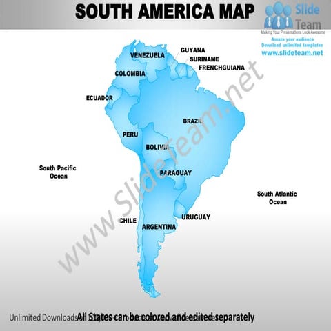South america powerpoint editable continent map with countries ...