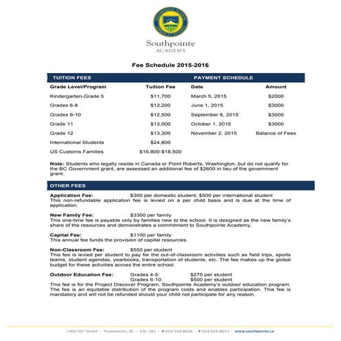 Southpointe Academy- fee schedule-2015-16 | PDF