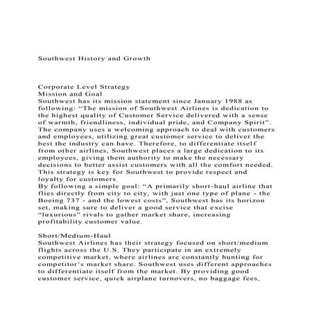 Southwest History and GrowthCorporate Level Strategy.docx | Air Travel ...
