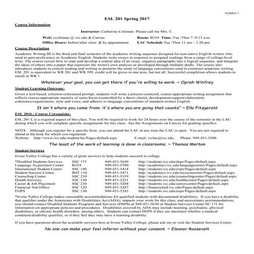 SP 17 Syllabus ESL 201 | PDF | Homework and Study | Education