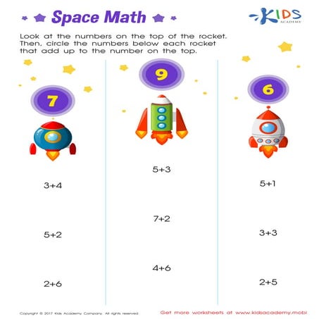 Space math - Kindergarten Math Worksheets | PDF
