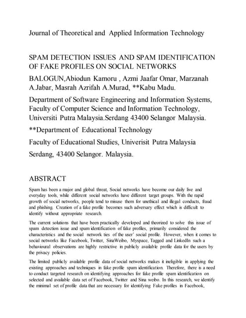 Spammer Detection And Fake User Identification On Social Networks Pdf