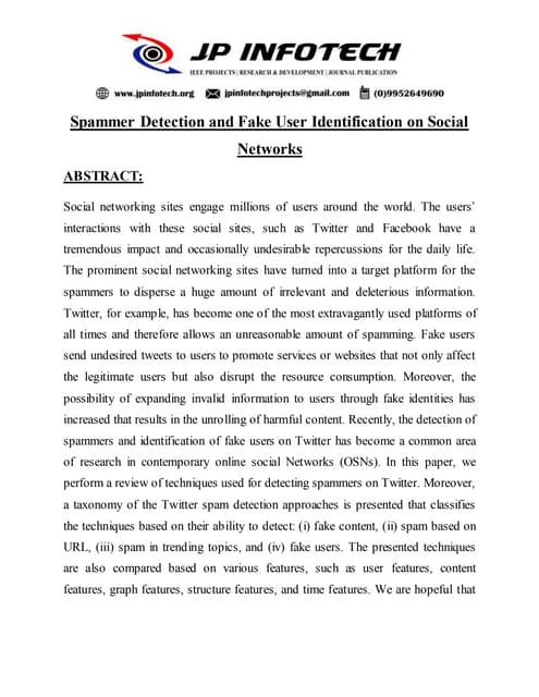 Spammer Detection and Fake User Identificationon Social Networks | PDF