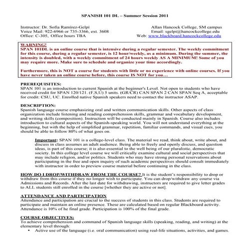 Span 101 dl syllabus summer 2011 | PDF | Undergraduate Education ...