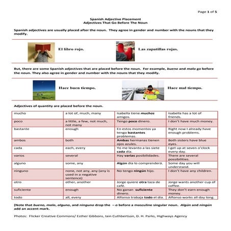 Spanish adjective placement adjectives that go before the noun | PDF