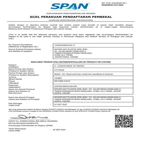 SPAN supplier registration certification (Vesbo PPR Fittings) Oct 2027 | PDF