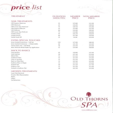 Old Thorns Manor Hotel Spa Price List | PDF