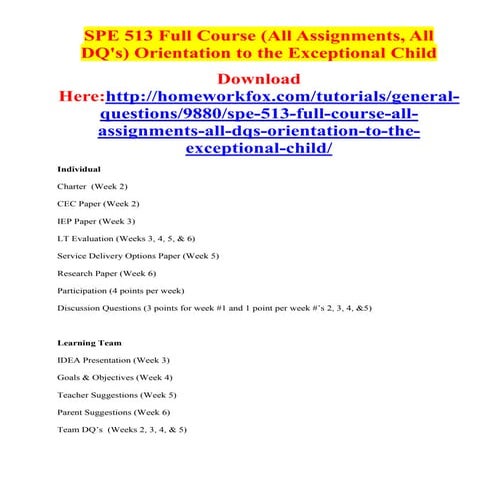 Spe 513 full course (all assignments, all dq's) orientation to the exceptional child | DOCX