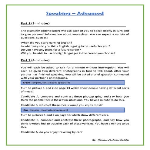 Speaking advanced | DOCX | Educational Assessment | Education