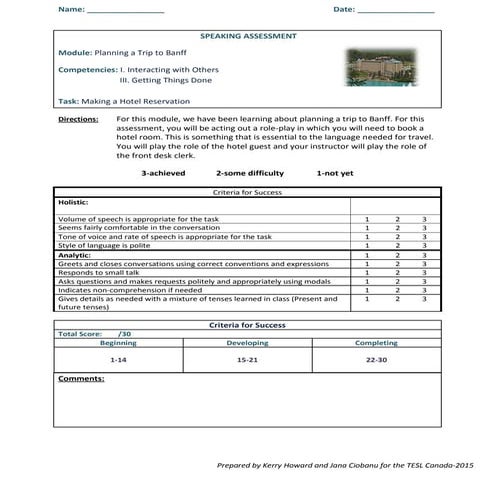 Speaking Assessment Making a Hotel Reservation | PDF