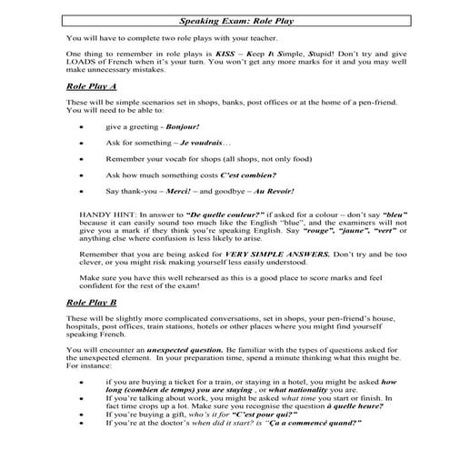 Speaking exam role play tips | DOCX