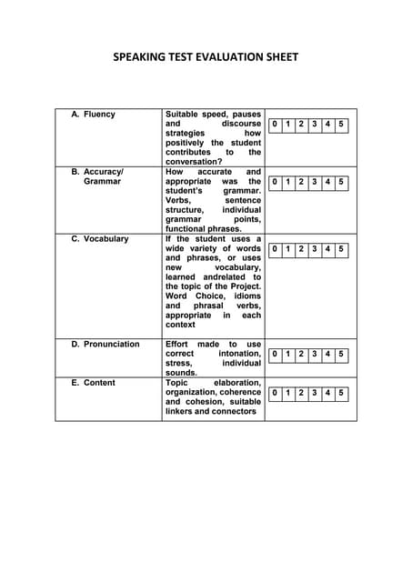 Speaking test evaluation sheet | DOCX | Education